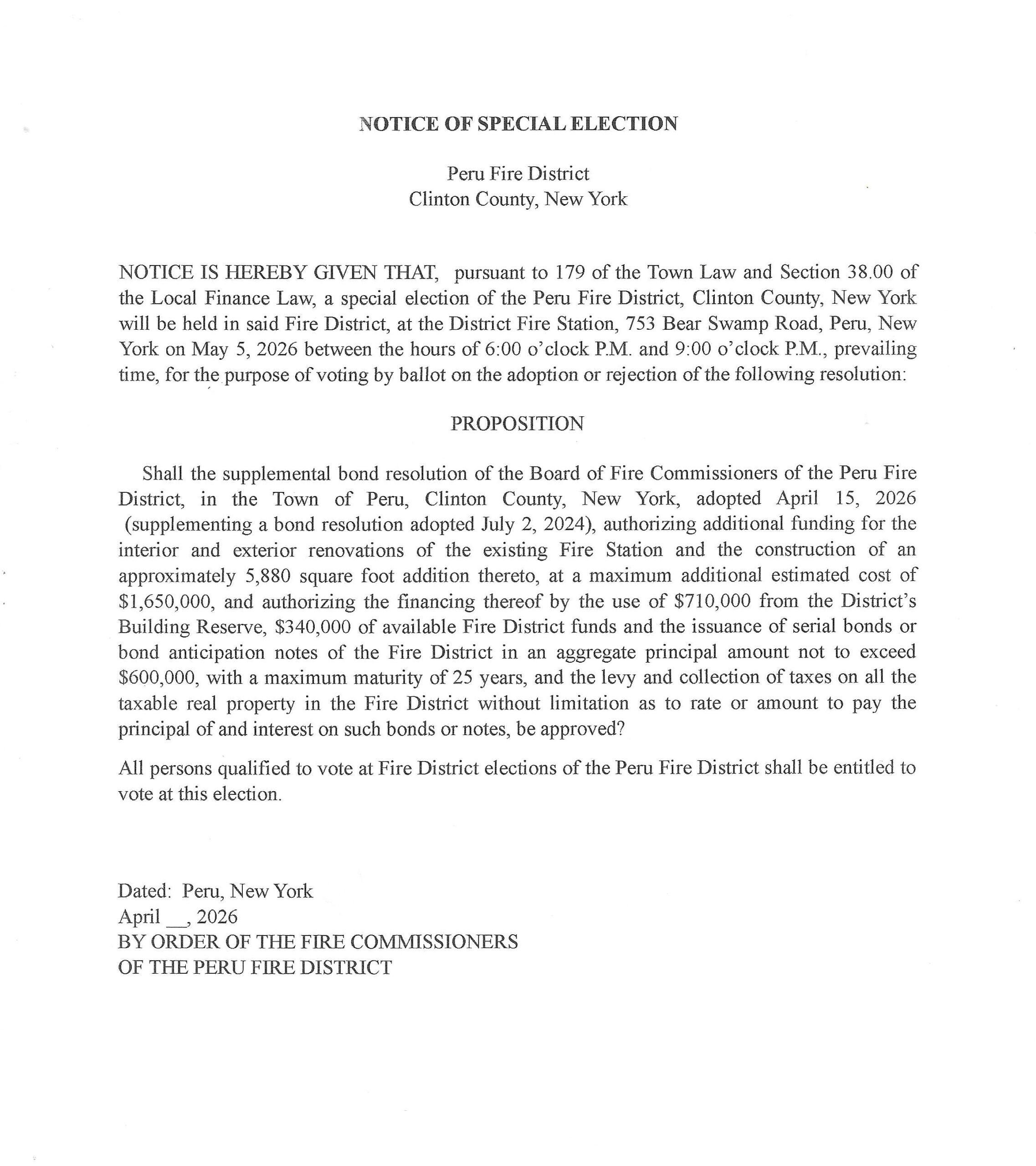 Fire Dept. Notice of Special Election | The Peru Gazette